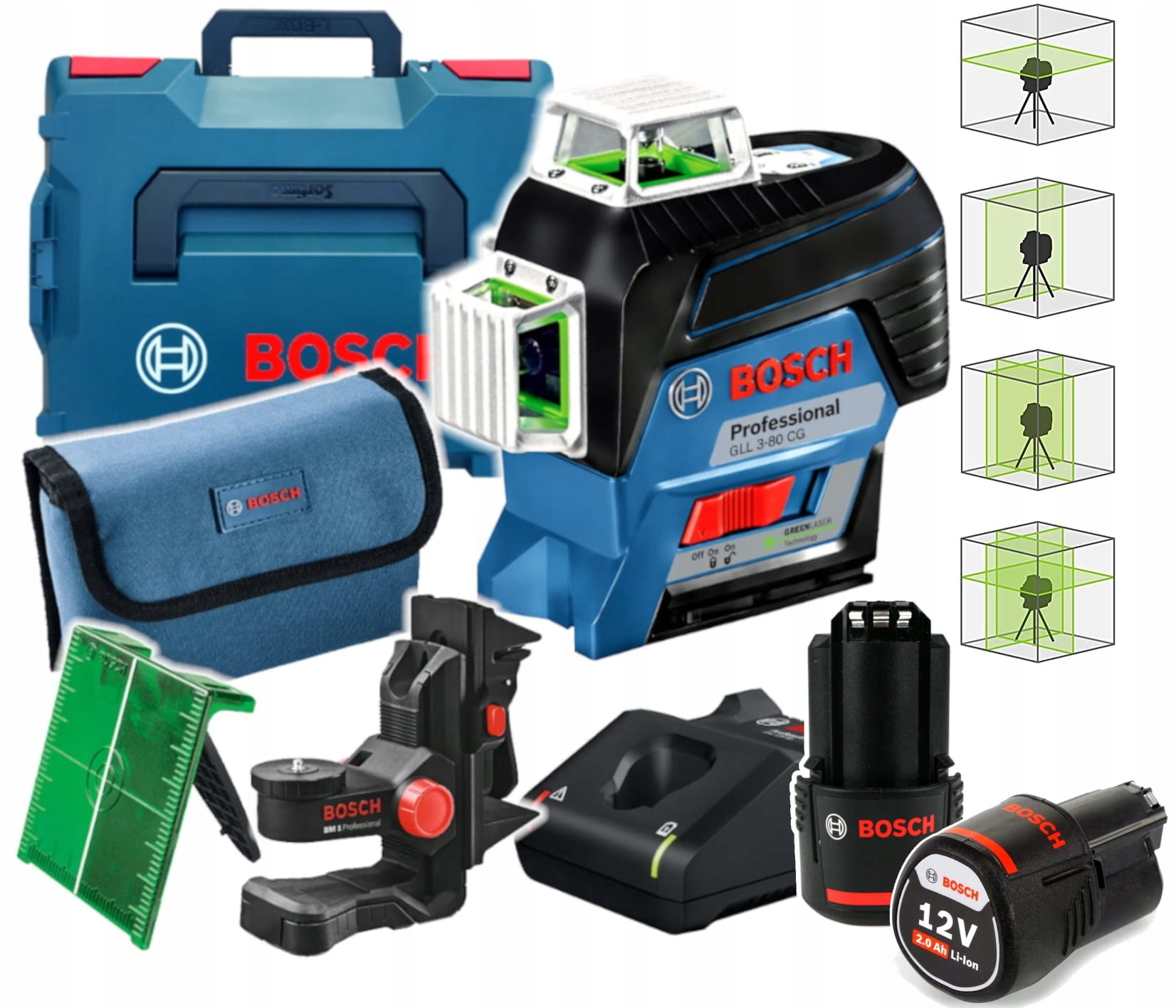 Laser liniowy Bosch GLL 3-80 CG 3x360° 30 m Zielony Krzyżowy 1x 2Ah L ...